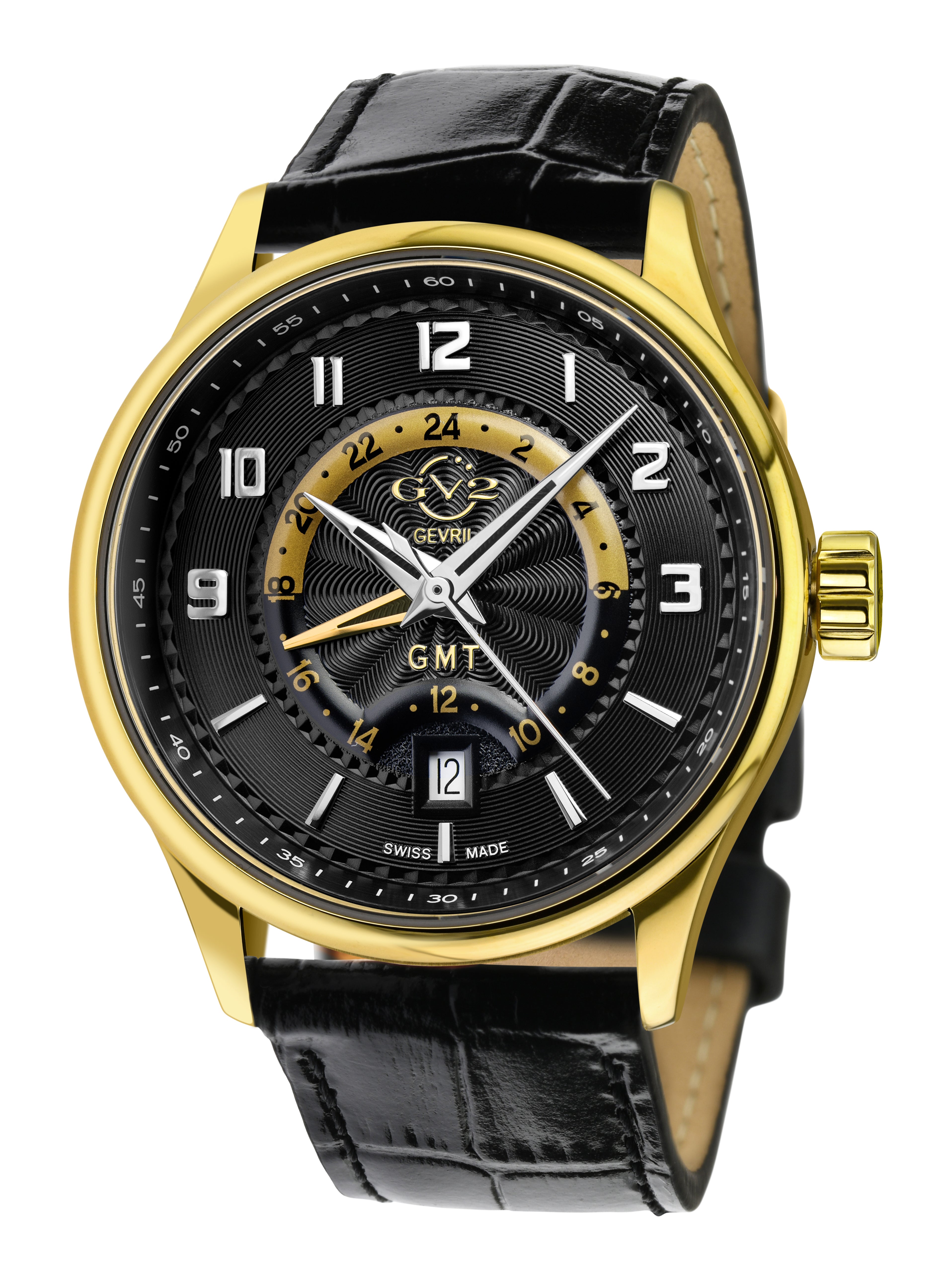 Giromondo GV2 by Gevril Swiss Made GMT Gold Watch Black Leather Strap ...